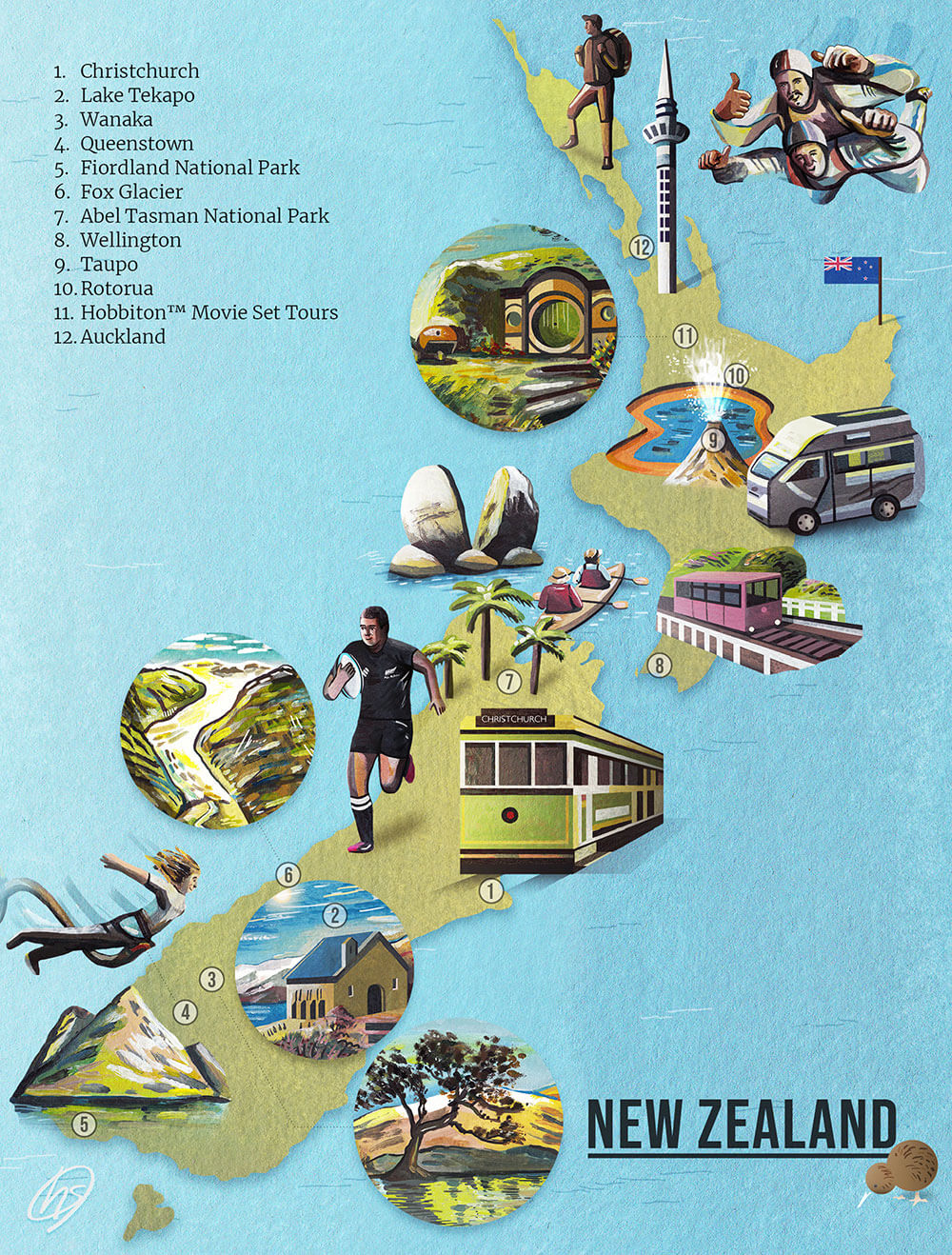 New Zealand Illustrated Map - Haydn Symons Illustration